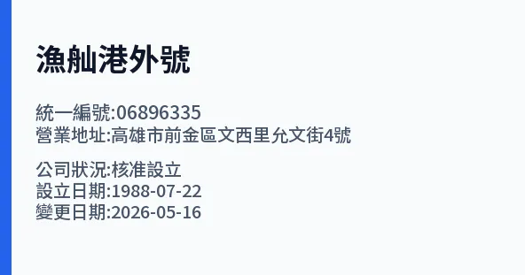 漁舢港外號的照片-統編 06896335(高雄市) 公司登記資料與營業項目詳細圖表