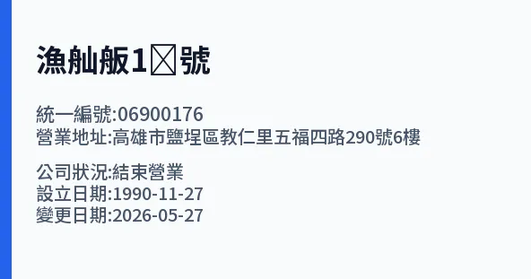 漁舢舨1號的照片-統編 06900176(高雄市) 公司登記資料與營業項目詳細圖表