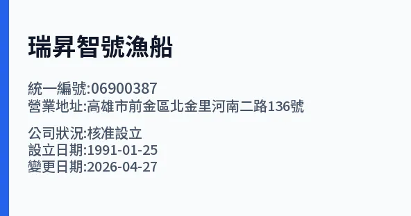瑞昇智號漁船的照片-統編 06900387(高雄市) 公司登記資料與營業項目詳細圖表
