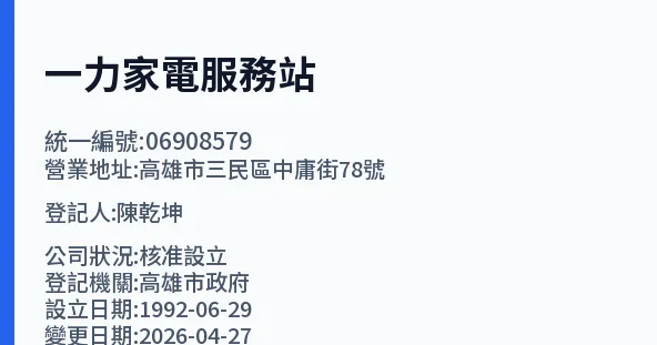 一力家電服務站的照片-統編 06908579(高雄市) 公司登記資料與營業項目詳細圖表