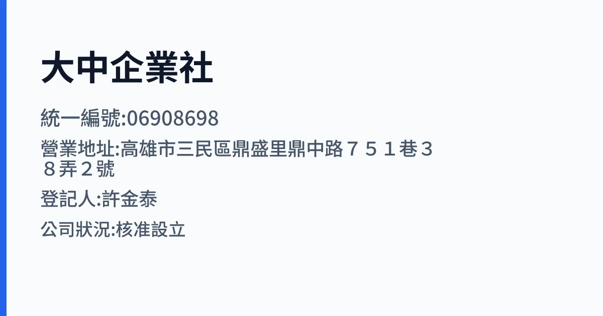 大中企業社 - 統編 06908698(高雄市) 公司登記資料與營業項目詳細圖表