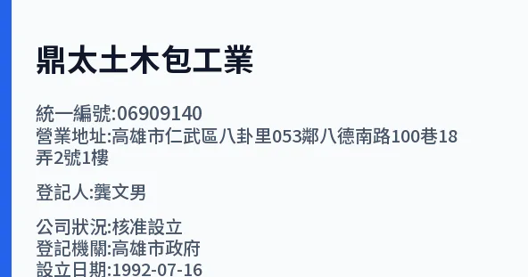 鼎太土木包工業的照片-統編 06909140(高雄市) 公司登記資料與營業項目詳細圖表