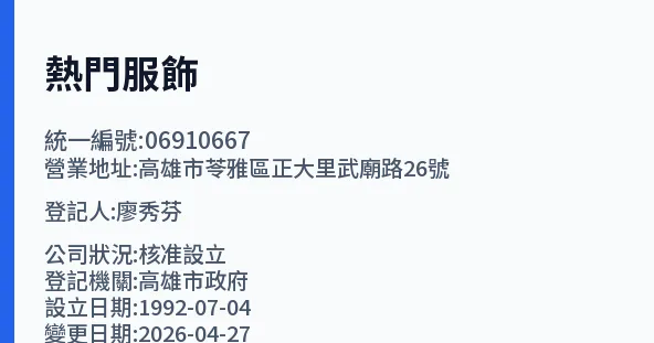 熱門服飾的照片-統編 06910667(高雄市) 公司登記資料與營業項目詳細圖表
