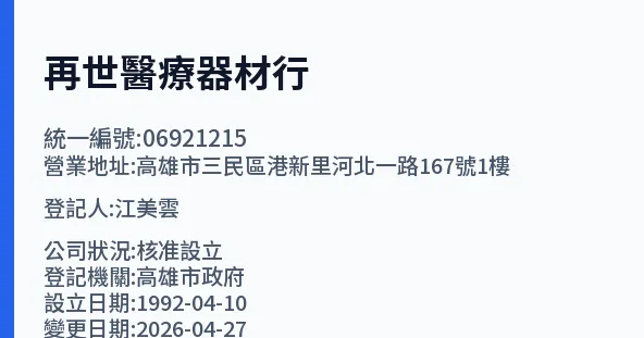 再世醫療器材行的照片-統編 06921215(高雄市) 公司登記資料與營業項目詳細圖表