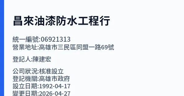 昌來油漆防水工程行的照片-統編 06921313(高雄市) 公司登記資料與營業項目詳細圖表