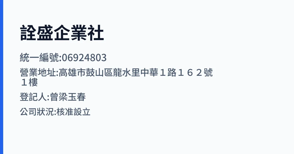 詮盛企業社 - 統編 06924803(高雄市) 公司登記資料與營業項目詳細圖表
