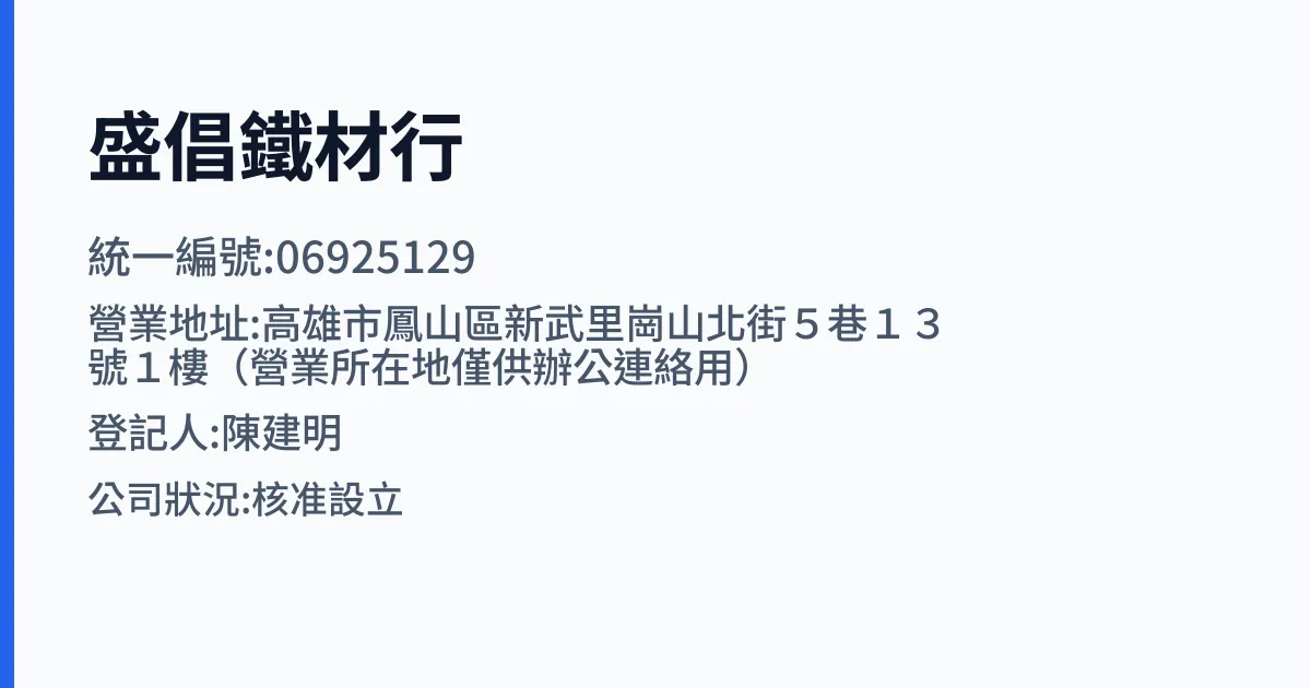 盛倡鐵材行 - 統編 06925129(高雄市) 公司登記資料與營業項目詳細圖表