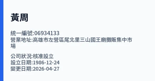 黃周的照片-統編 06934133(高雄市) 公司登記資料與營業項目詳細圖表
