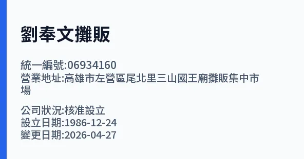 劉奉文攤販的照片-統編 06934160(高雄市) 公司登記資料與營業項目詳細圖表