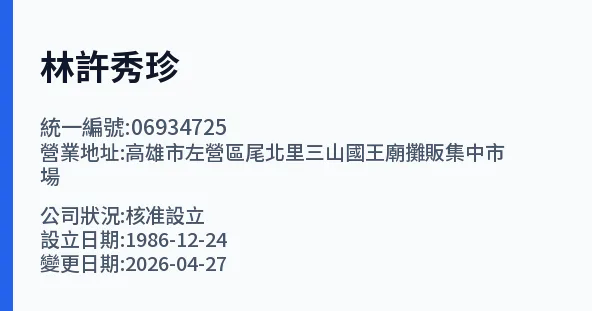 林許秀珍的照片-統編 06934725(高雄市) 公司登記資料與營業項目詳細圖表