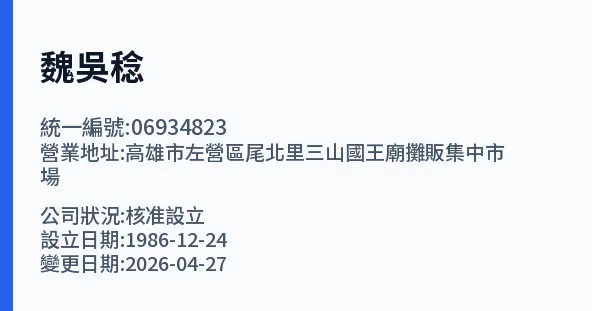 魏吳稔的照片-統編 06934823(高雄市) 公司登記資料與營業項目詳細圖表