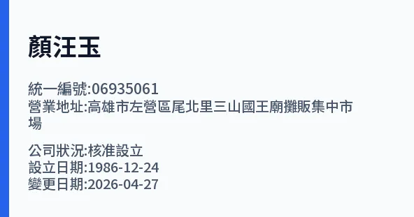 顏汪玉的照片-統編 06935061(高雄市) 公司登記資料與營業項目詳細圖表