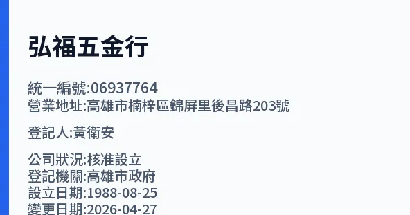 弘福五金行的照片-統編 06937764(高雄市) 公司登記資料與營業項目詳細圖表