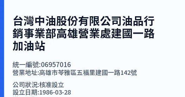 台灣中油股份有限公司油品行銷事業部高雄營業處建國一路加油站的照片-統編 06957016(高雄市) 公司登記資料與營業項目詳細圖表
