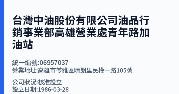 台灣中油股份有限公司油品行銷事業部高雄營業處青年路加油站的照片-統編 06957037(高雄市) 公司登記資料與營業項目詳細圖表