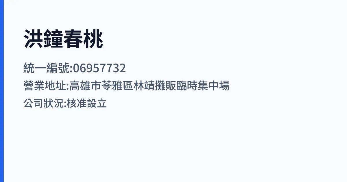 洪鐘春桃 - 統編 06957732(高雄市) 公司登記資料與營業項目詳細圖表