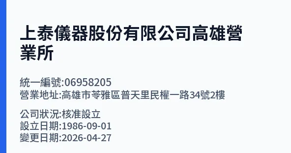 上泰儀器股份有限公司高雄營業所的照片-統編 06958205(高雄市) 公司登記資料與營業項目詳細圖表