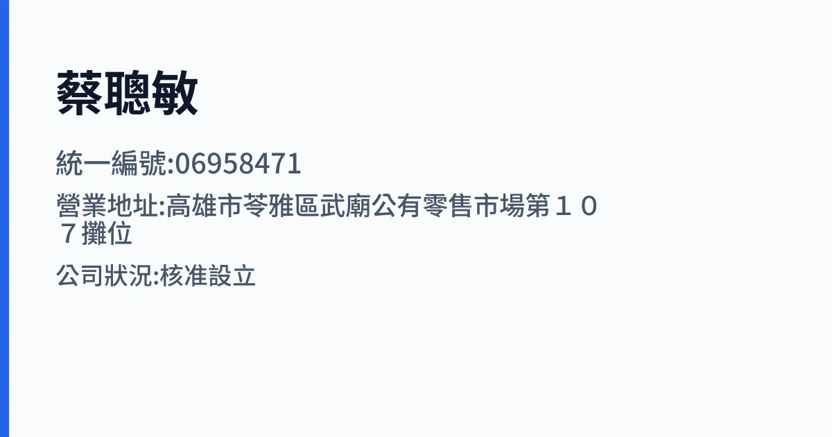蔡聰敏 - 統編 06958471(高雄市) 公司登記資料與營業項目詳細圖表