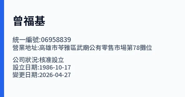 曾福基的照片-統編 06958839(高雄市) 公司登記資料與營業項目詳細圖表