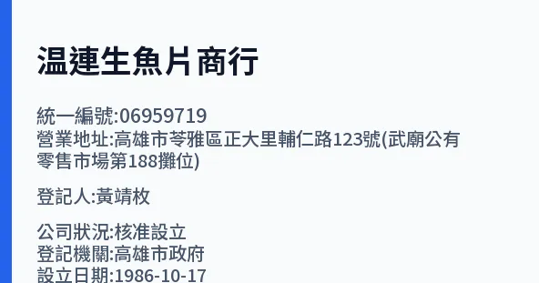 温連生魚片商行的照片-統編 06959719(高雄市) 公司登記資料與營業項目詳細圖表