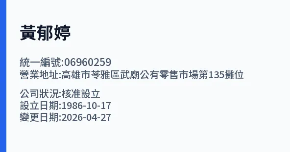 黃郁婷的照片-統編 06960259(高雄市) 公司登記資料與營業項目詳細圖表