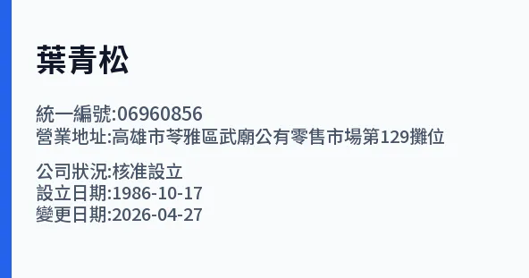葉青松的照片-統編 06960856(高雄市) 公司登記資料與營業項目詳細圖表