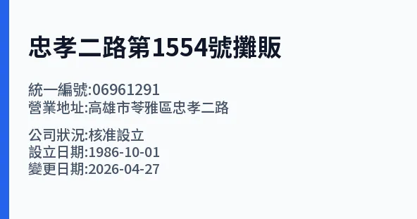 忠孝二路第1554號攤販的照片-統編 06961291(高雄市) 公司登記資料與營業項目詳細圖表