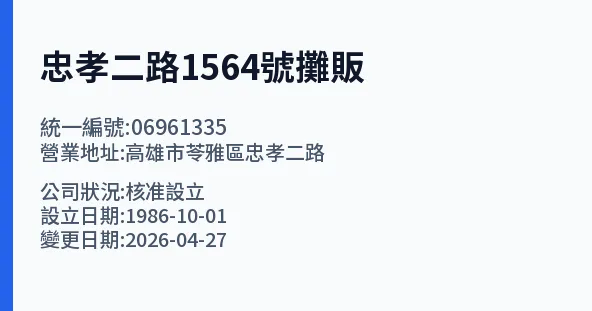 忠孝二路1564號攤販的照片-統編 06961335(高雄市) 公司登記資料與營業項目詳細圖表