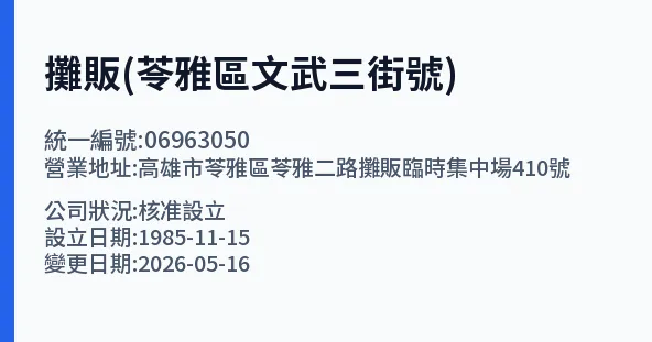 攤販(苓雅區文武三街號)的照片-統編 06963050(高雄市) 公司登記資料與營業項目詳細圖表