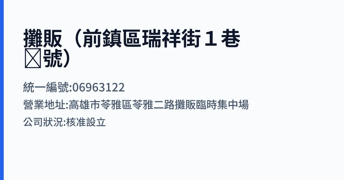 攤販（前鎮區瑞祥街１巷號） - 統編 06963122(高雄市) 公司登記資料與營業項目詳細圖表