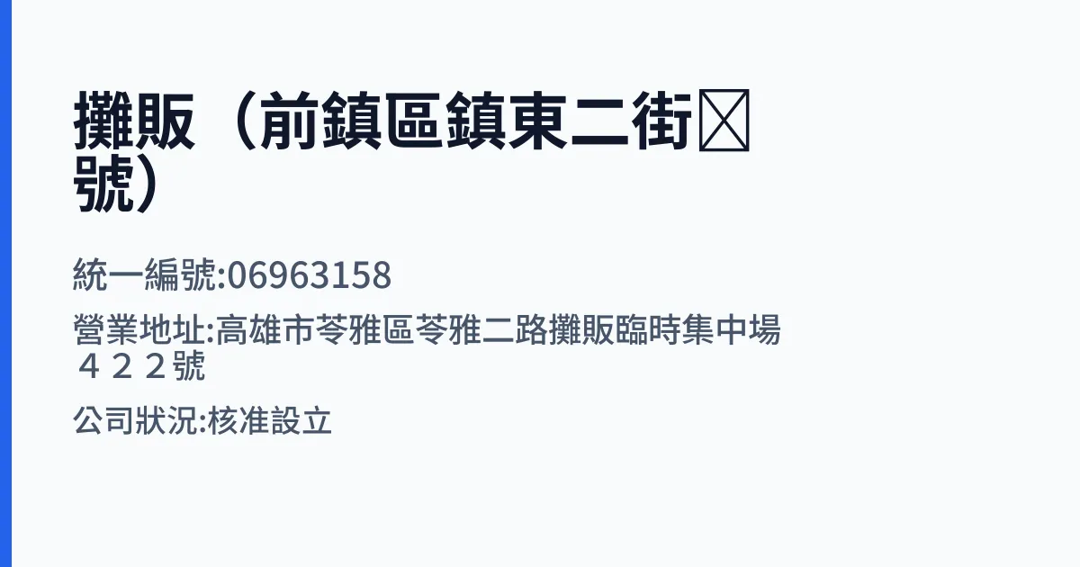 攤販（前鎮區鎮東二街號） - 統編 06963158(高雄市) 公司登記資料與營業項目詳細圖表