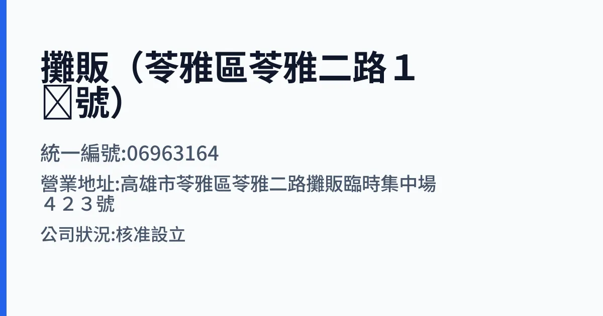 攤販(苓雅區苓雅二路1號) - 統編 06963164(高雄市) 公司登記資料與營業項目詳細圖表