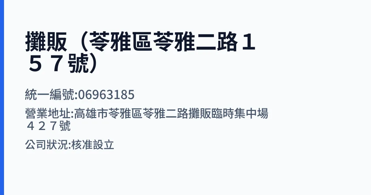 攤販(苓雅區苓雅二路157號) - 統編 06963185(高雄市) 公司登記資料與營業項目詳細圖表
