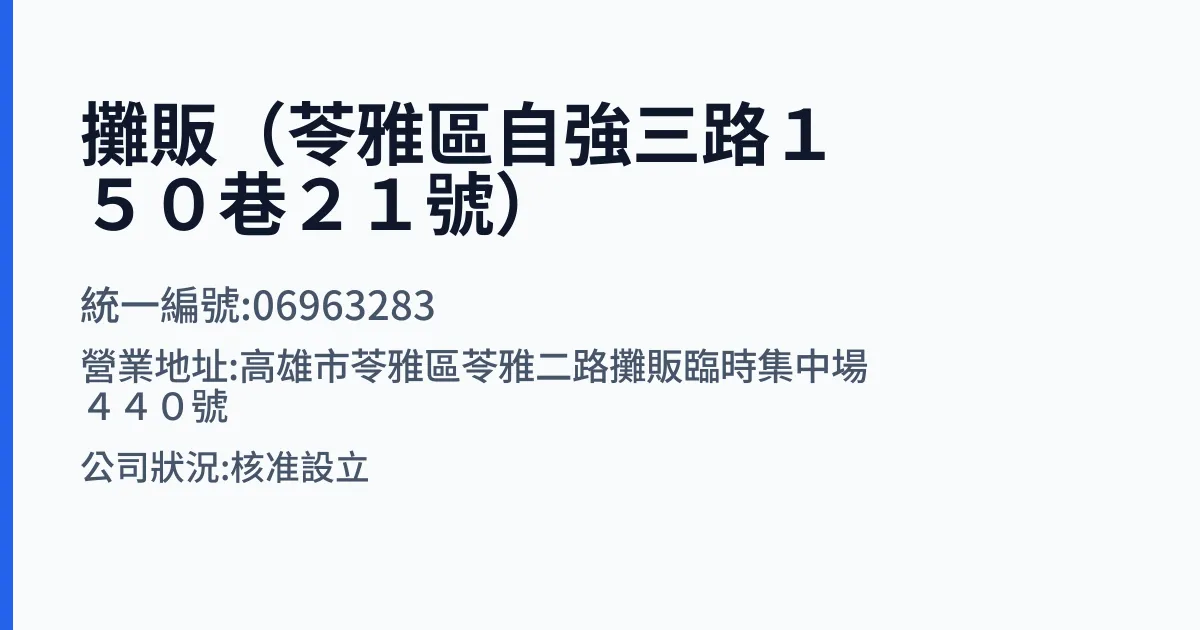 攤販（苓雅區自強三路１５０巷２１號） - 統編 06963283(高雄市) 公司登記資料與營業項目詳細圖表