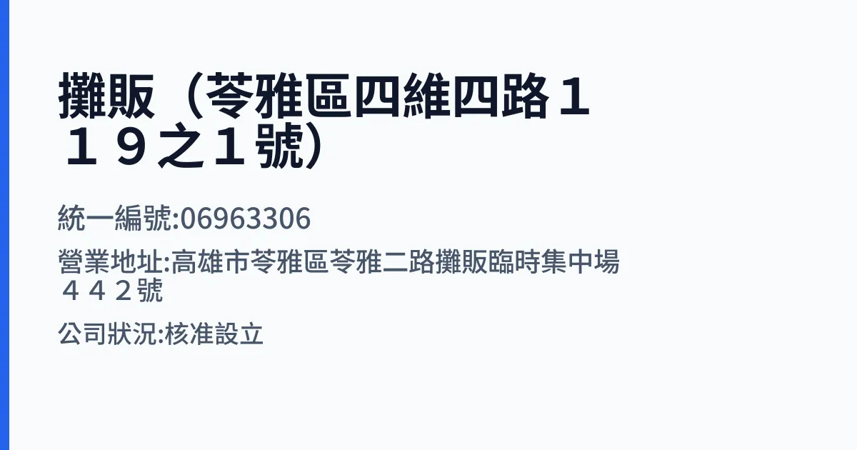 攤販（苓雅區四維四路１１９之１號） - 統編 06963306（高雄市） 公司登記資料與營業項目詳細圖表
