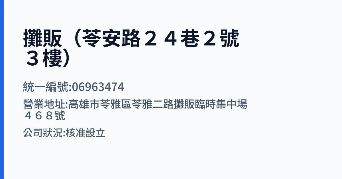 攤販（苓安路２４巷２號３樓） - 統編 06963474（高雄市） 公司登記資料與營業項目詳細圖表