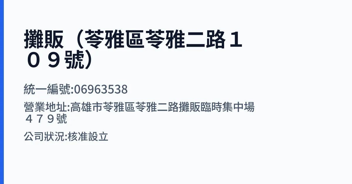 攤販（苓雅區苓雅二路１０９號） - 統編 06963538(高雄市) 公司登記資料與營業項目詳細圖表