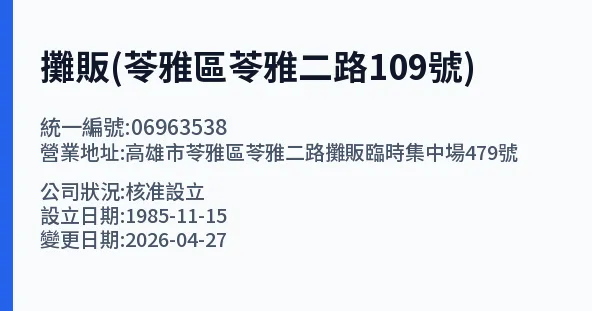 攤販(苓雅區苓雅二路109號)的照片-統編 06963538(高雄市) 公司登記資料與營業項目詳細圖表