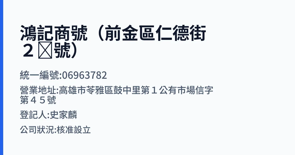鴻記商號（前金區仁德街２號） - 統編 06963782(高雄市) 公司登記資料與營業項目詳細圖表