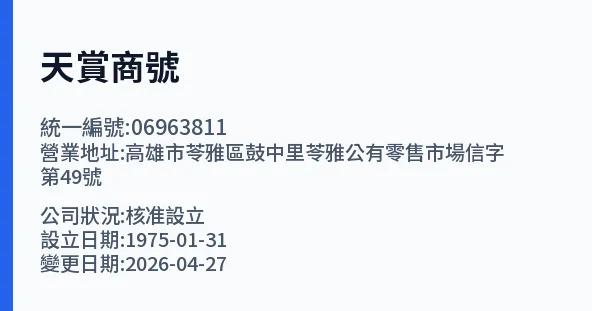 天賞商號的照片-統編 06963811(高雄市) 公司登記資料與營業項目詳細圖表