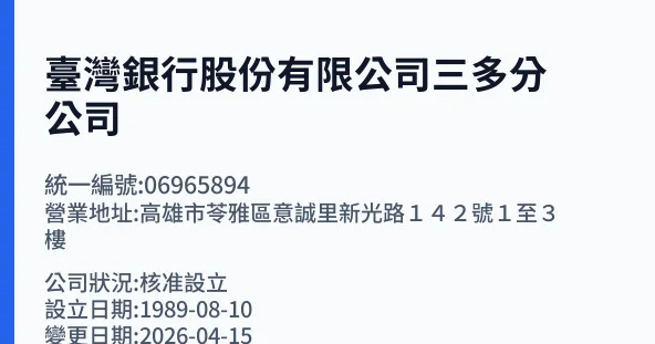 臺灣銀行股份有限公司三多分公司的照片-統編 06965894(高雄市) 公司登記資料與營業項目詳細圖表
