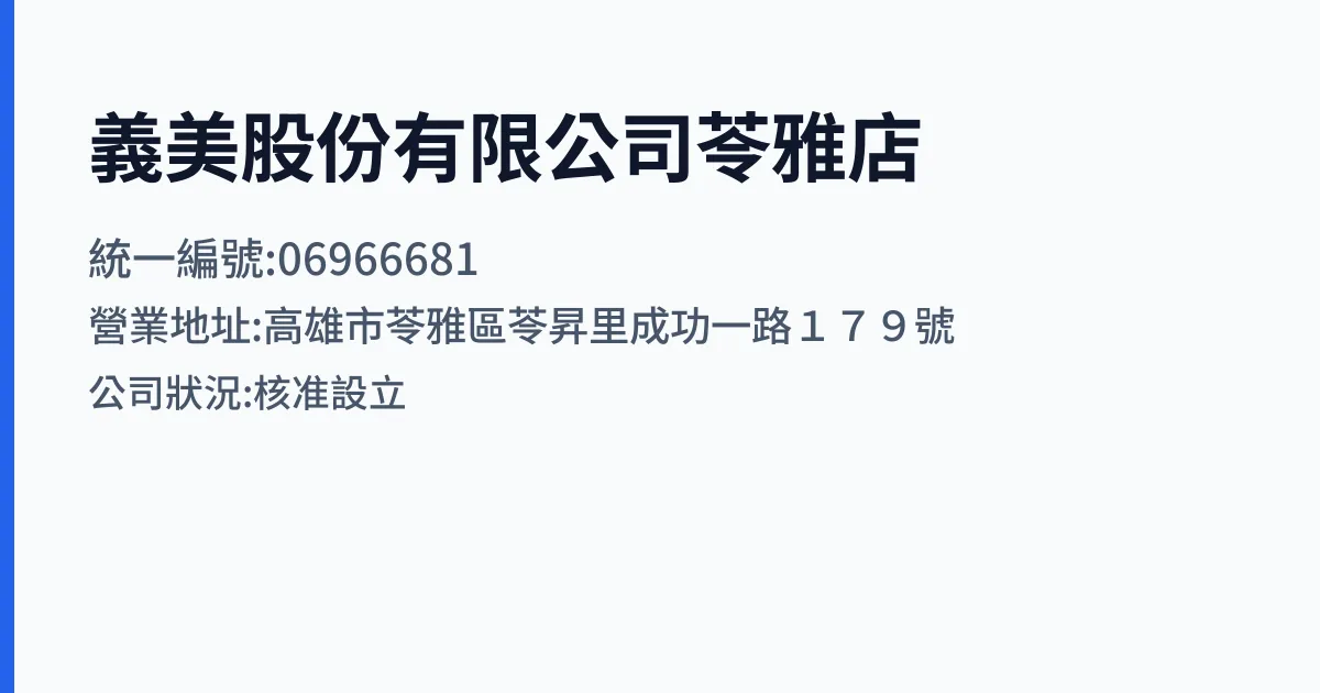 義美股份有限公司苓雅店 - 統編 06966681(高雄市) 公司登記資料與營業項目詳細圖表