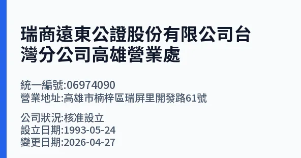 瑞商遠東公證股份有限公司台灣分公司高雄營業處的照片-統編 06974090(高雄市) 公司登記資料與營業項目詳細圖表