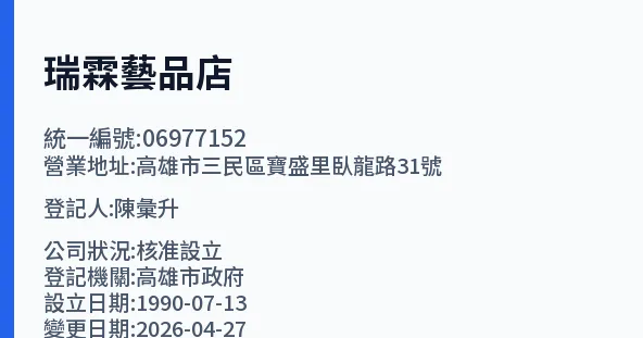 瑞霖藝品店的照片-統編 06977152(高雄市) 公司登記資料與營業項目詳細圖表