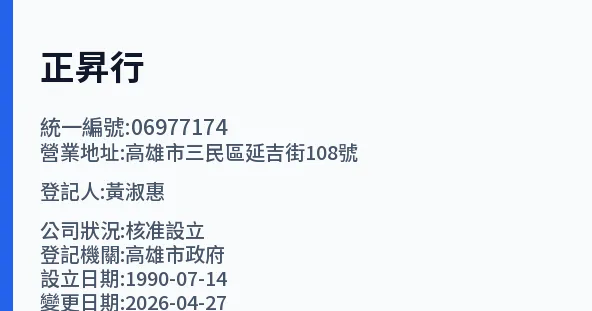 正昇行的照片-統編 06977174(高雄市) 公司登記資料與營業項目詳細圖表