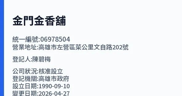 金門金香舖的照片-統編 06978504(高雄市) 公司登記資料與營業項目詳細圖表