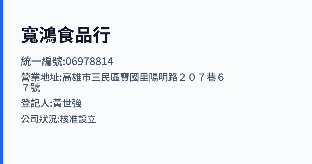 寬鴻食品行 - 統編 06978814(高雄市) 公司登記資料與營業項目詳細圖表