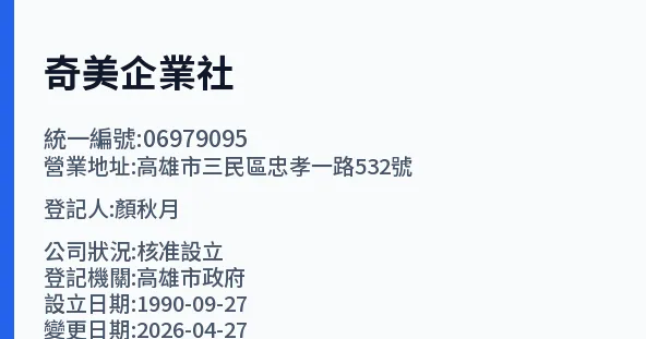 奇美企業社的照片-統編 06979095(高雄市) 公司登記資料與營業項目詳細圖表