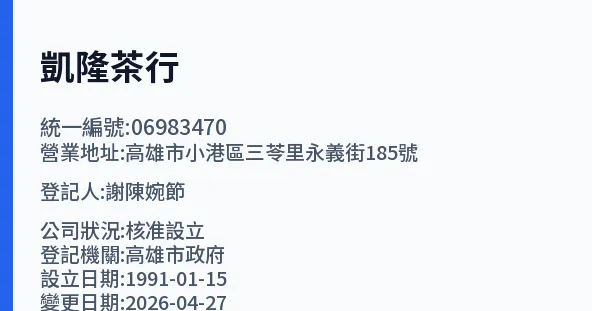 凱隆茶行的照片-統編 06983470(高雄市) 公司登記資料與營業項目詳細圖表