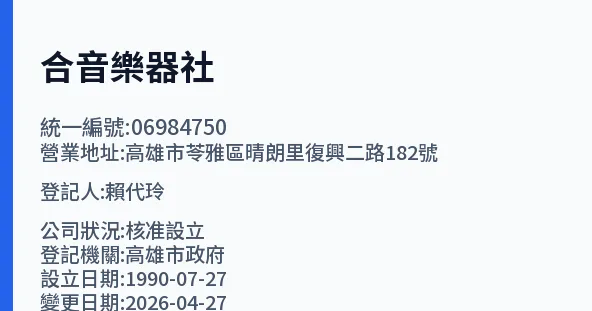 合音樂器社的照片-統編 06984750(高雄市) 公司登記資料與營業項目詳細圖表